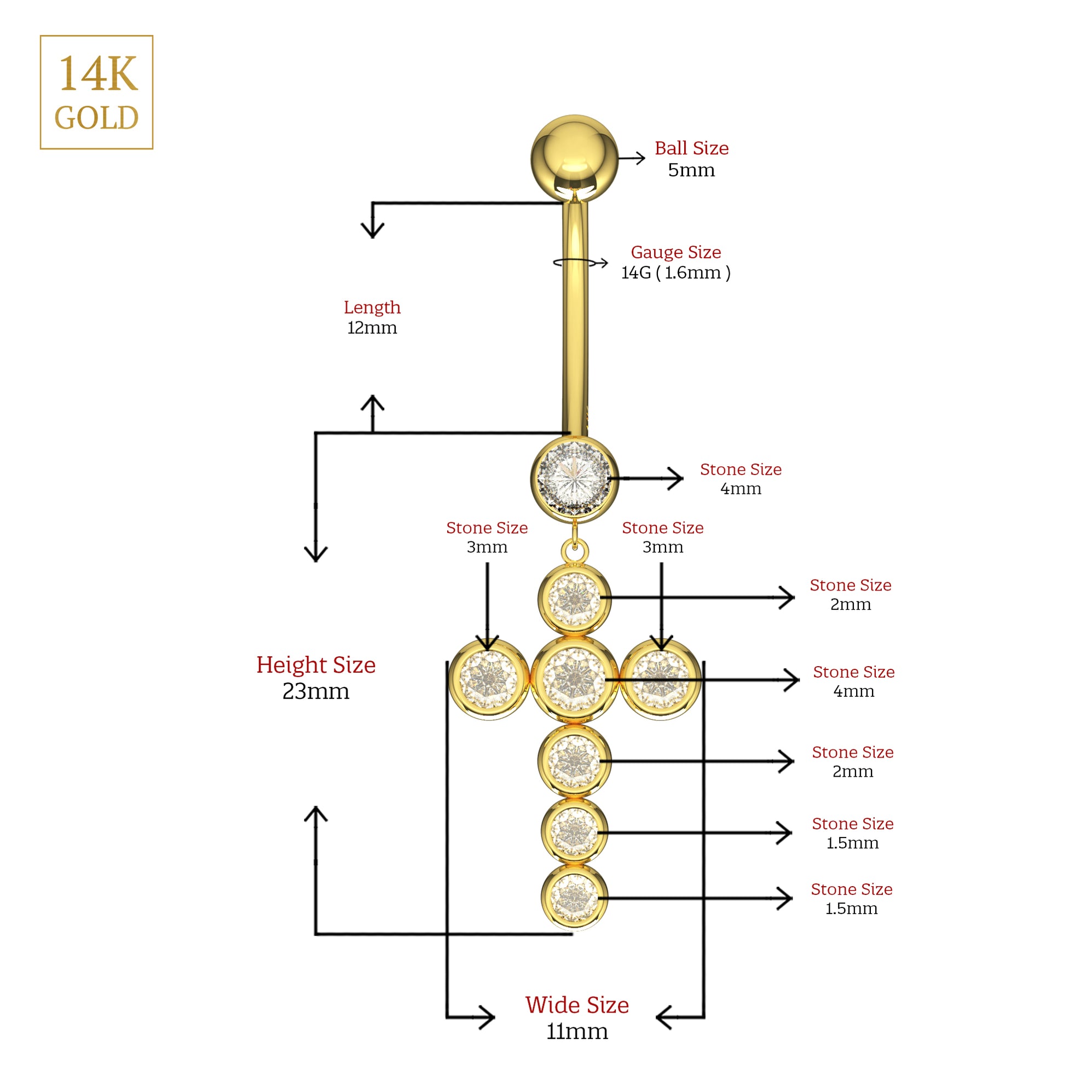 14ct Solid Gold Dangling Studded Cross Belly Ring - Sophisticated ...