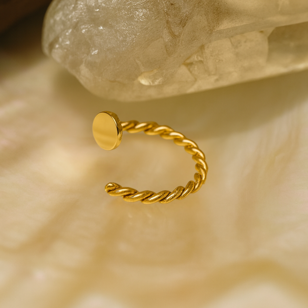 Button Top 14K Gold Open Nose Hoop — Laser Cut Shine — Monster Piercing