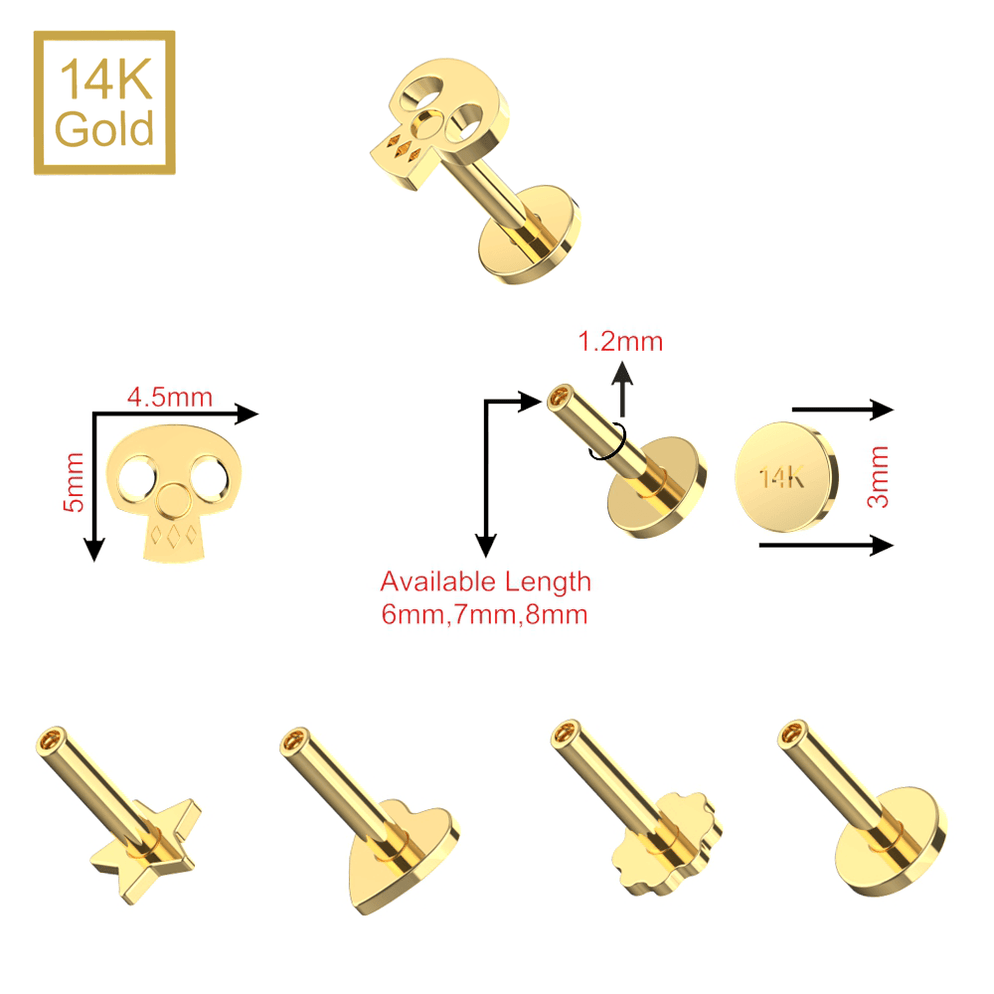 Plain Skull Top Internal Thread Labret Stud – 14K Gold — Monster Piercing