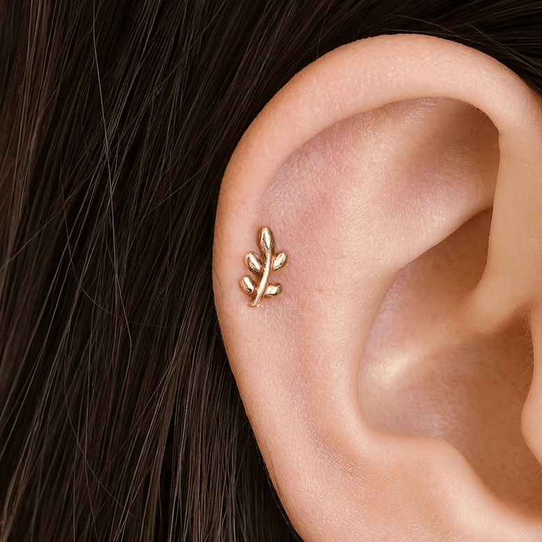 Elegant 14K Gold Leaves Stud – Secure Internal Thread — Monster Piercing