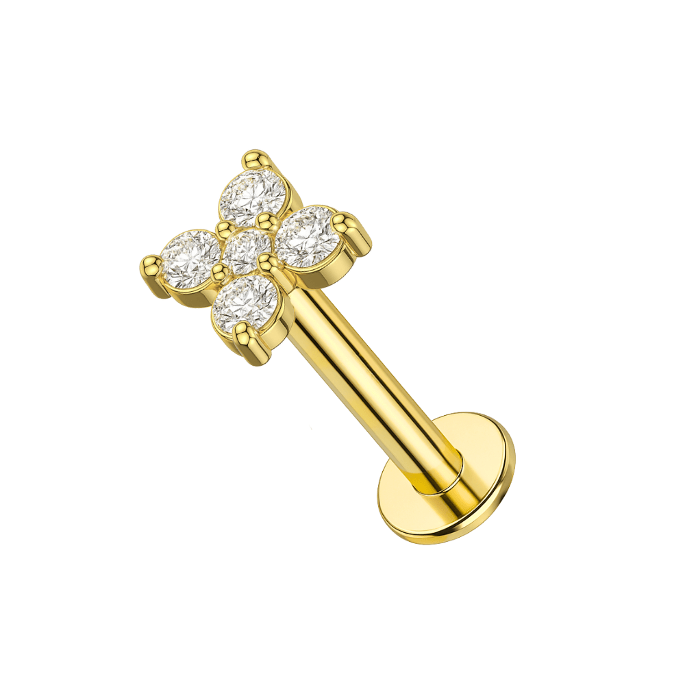 Elegant 14K Gold Cruciform Flower Labret – CZ Jewelled — Monster Piercing