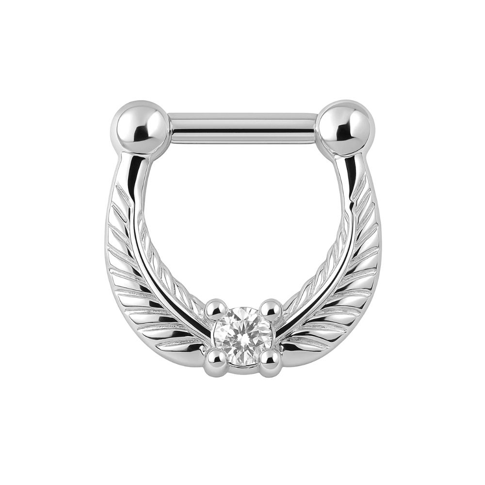 316L Surgical Steel Leaf with Clear Round CZ Stone Septum Clicker Ring ...
