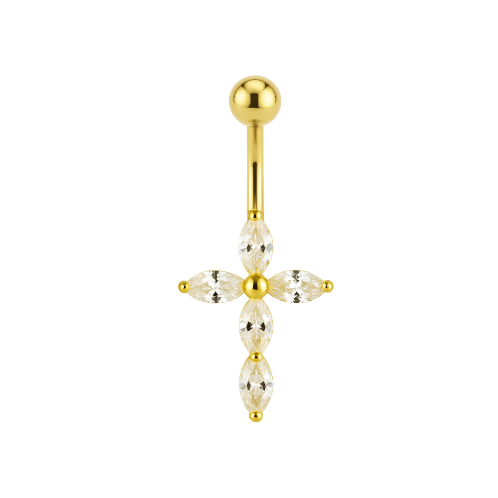 Striking 14ct Gold Studded Cross Belly Button Ring — Monster Piercing