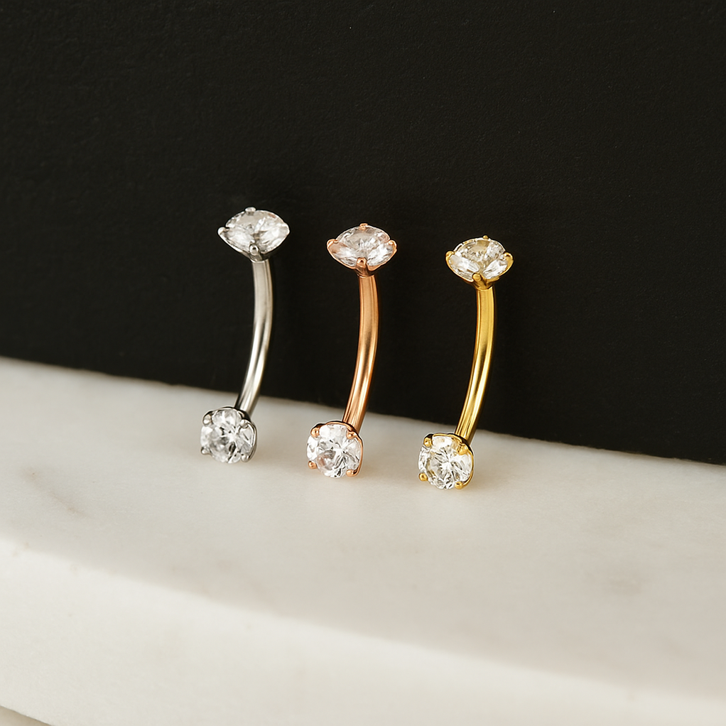 14K Gold Round CZ Jeweled Eyebrow Piercing — Monster Piercing