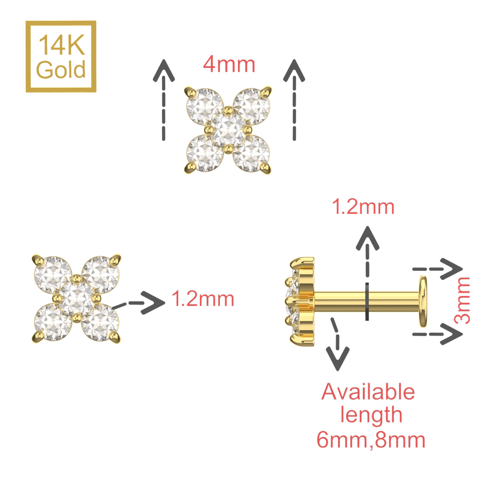 Elegant 14K Gold Cruciform Flower Labret – CZ Jewelled — Monster Piercing