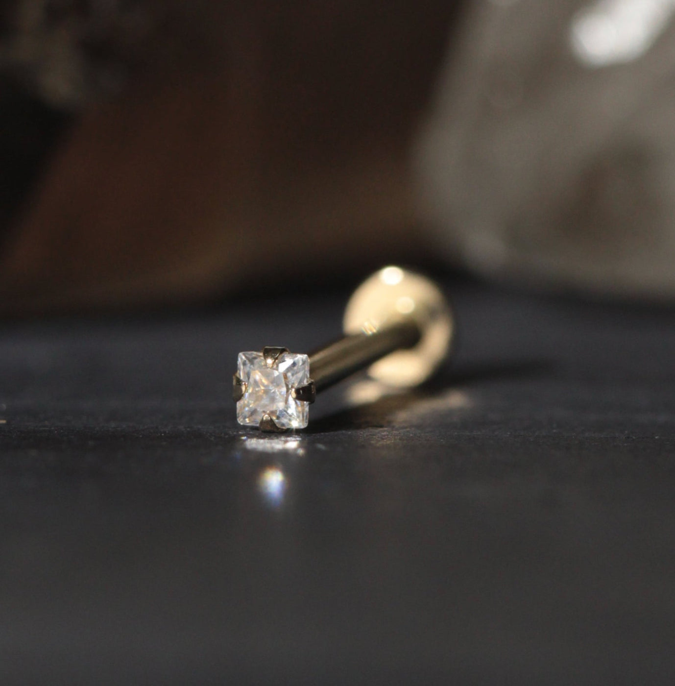 14K Gold Square Jeweled Top Internal Lip Labret — Monster Piercing