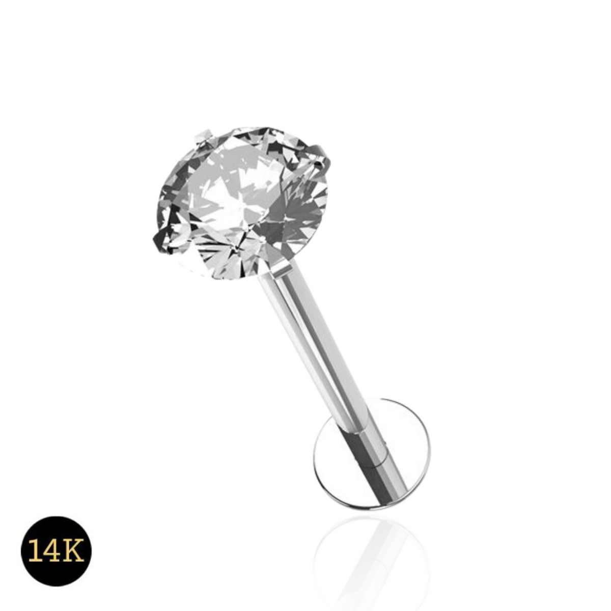 14K Gold Lip Labret with Round Cubic Zirconia Push Fit Top