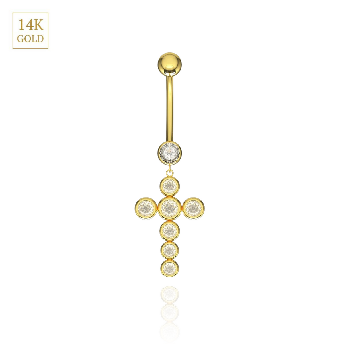 14ct Solid Gold Dangling Studded Cross Belly Ring - Sophisticated