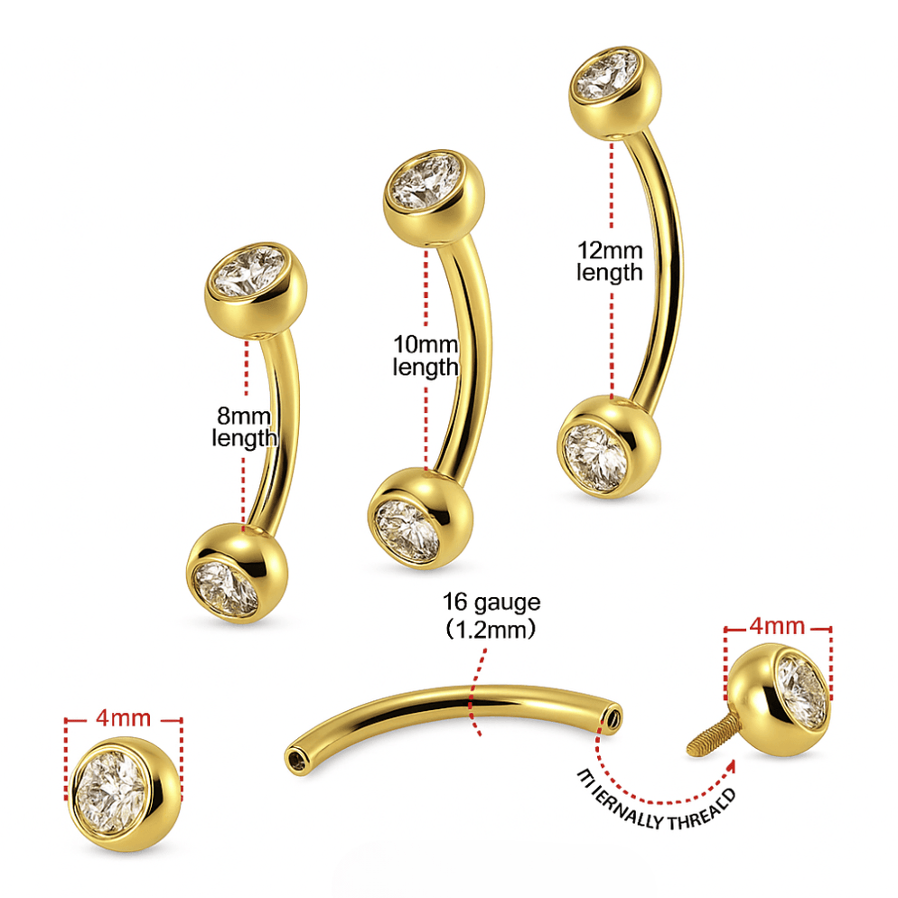 14K Solid Gold Internally Threaded Eyebrow Piercing Bar — Monster Piercing