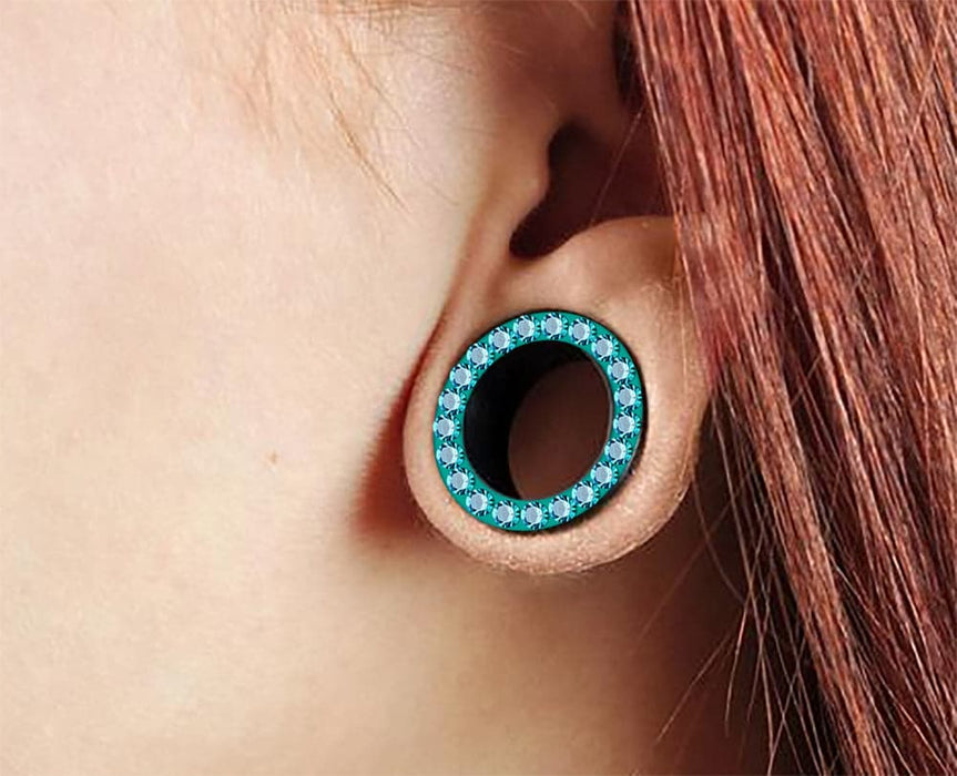 UV Blue Zircon Colour Jeweled Ear Flesh Tunnel in Glue Setting