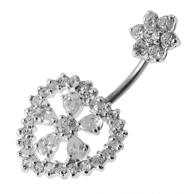 Jewelled Heart Flower Spinal Belly Button Bar - Romantic Flourish